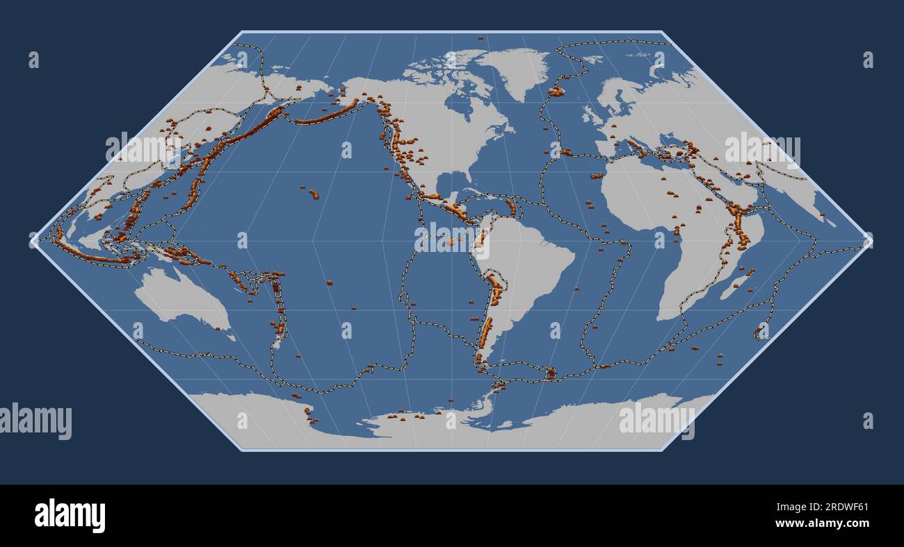 Distribution of known volcanoes on the world solid contour map in the ...