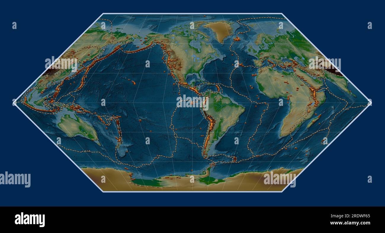 Distribution of known volcanoes on the world physical elevation map in ...