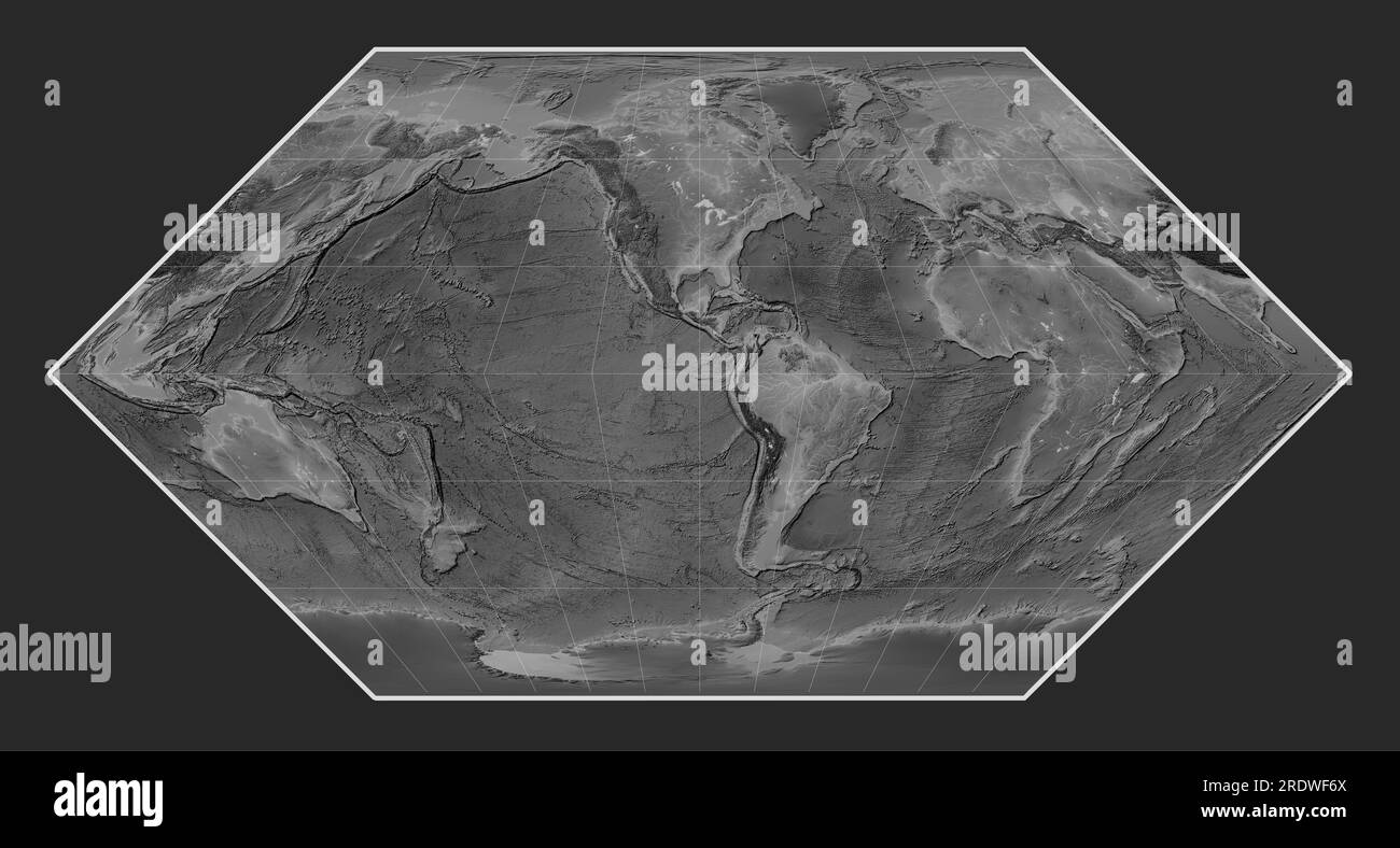 World grayscale elevation map in the Eckert I projection centered on ...