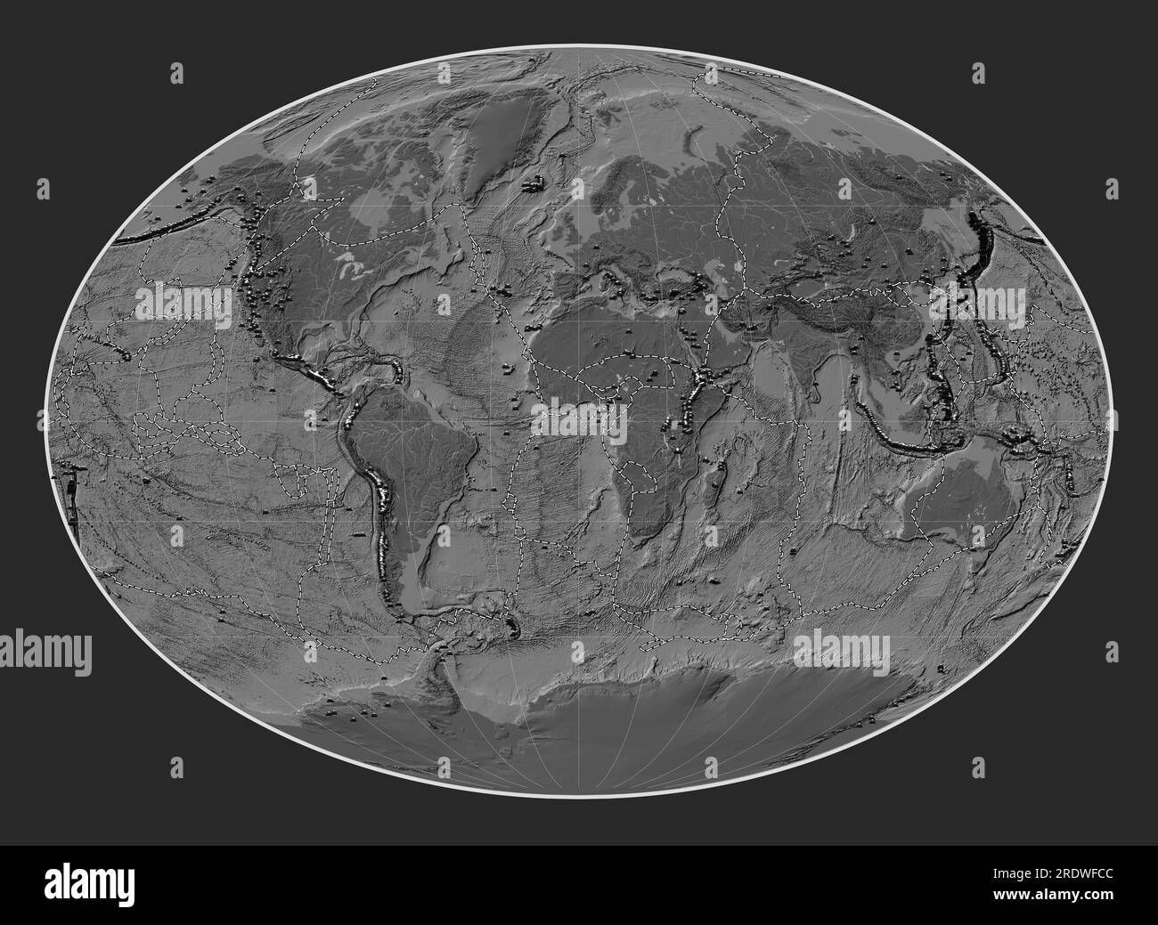 Distribution of known volcanoes on the world bilevel elevation map in ...