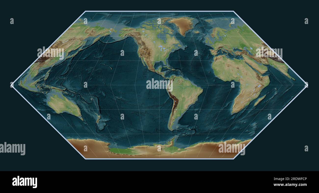 World wikipedia style elevation map in the Eckert I projection centered ...