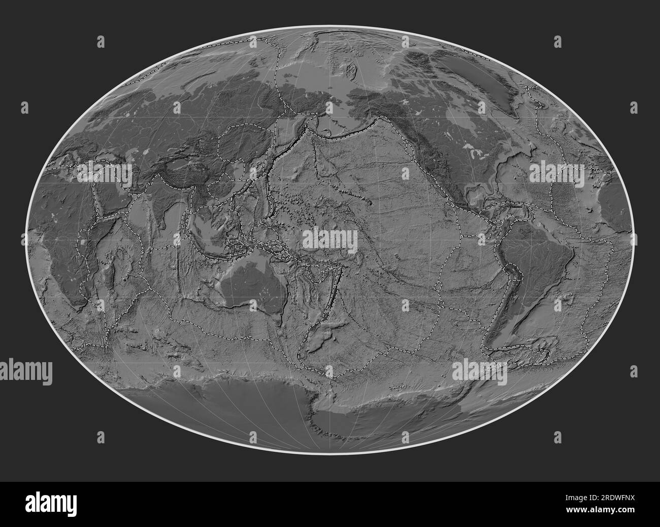 Tectonic Plate Boundaries On The World Bilevel Elevation Map In The Fahey Projection Centered On