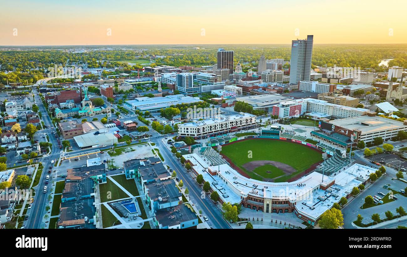Sunrise glow over Parkview Field Stadium Fort Wayne IN skyscrapers ...