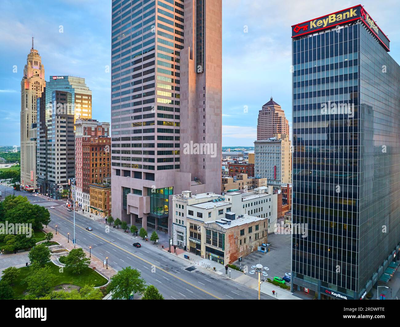 Aerial Columbus Ohio at sunrise with yellow sunlight glinting off US ...