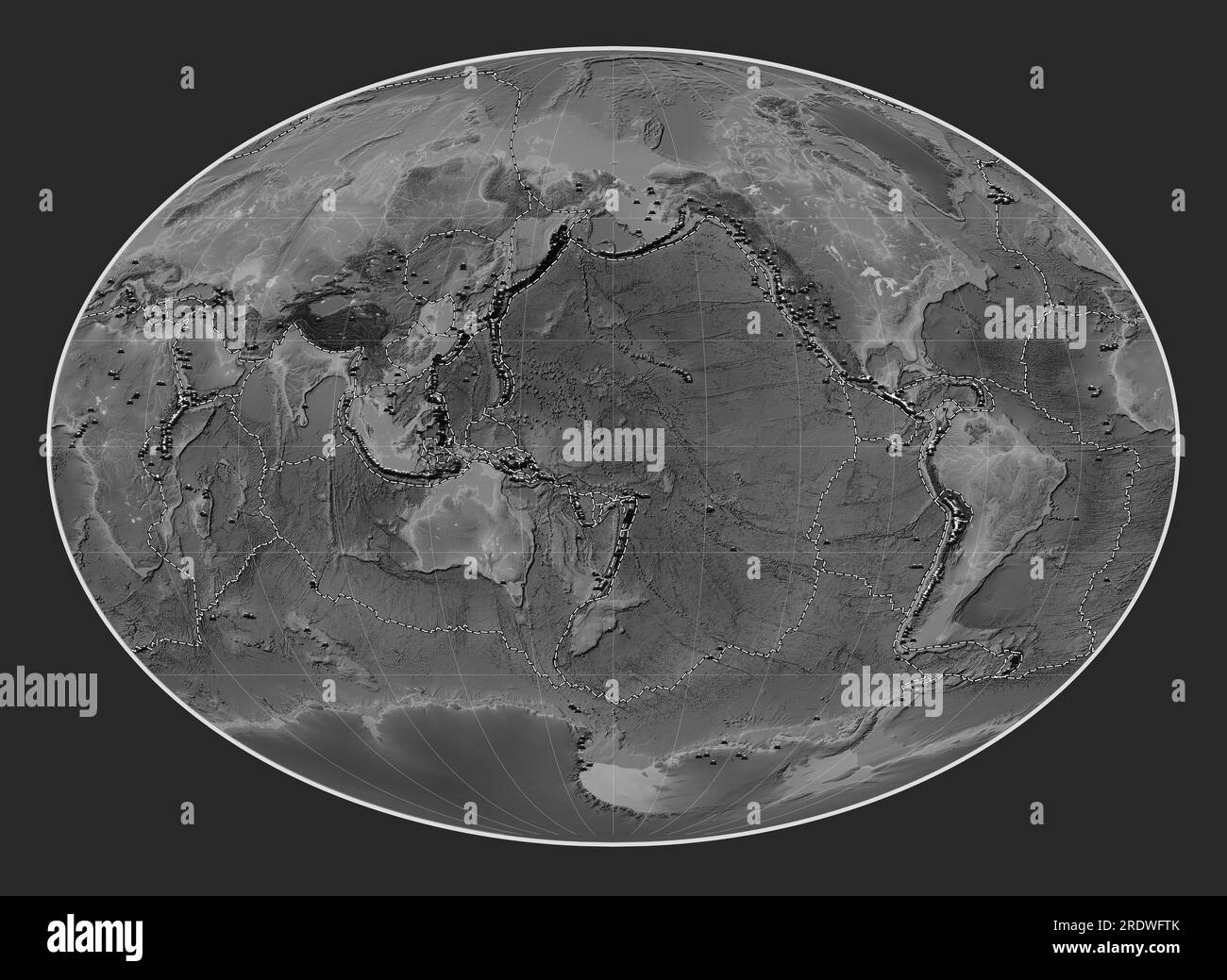 Distribution of known volcanoes on the world grayscale elevation map in ...