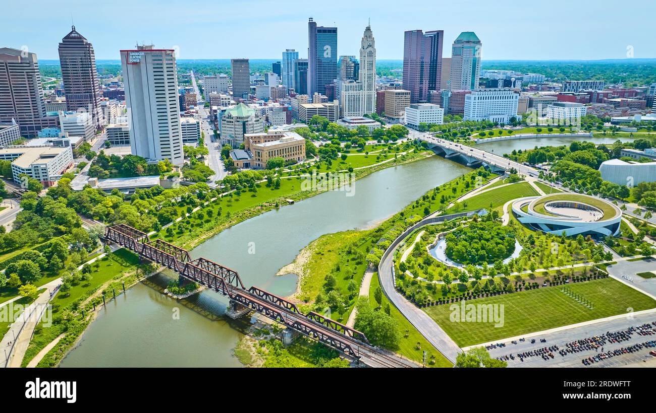 Wide view of city aerial with Columbus Ohio skyscrapers and National ...