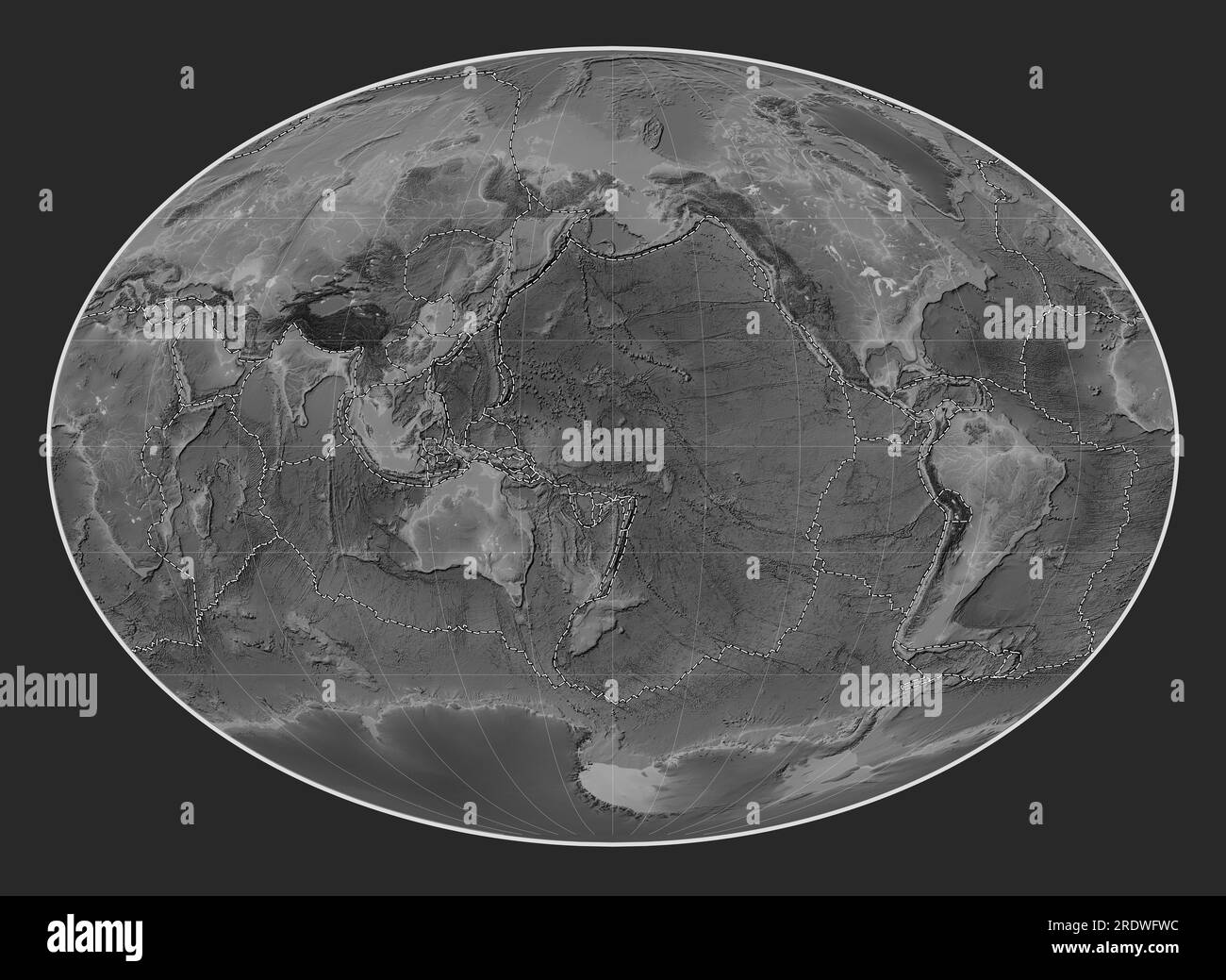Tectonic plate boundaries on the world grayscale elevation map in the ...