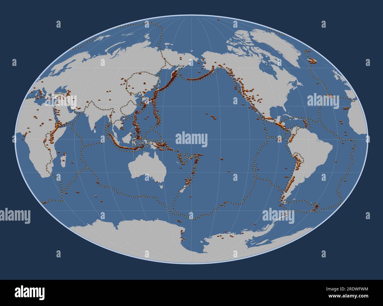 Distribution of known volcanoes on the world solid contour map in the ...
