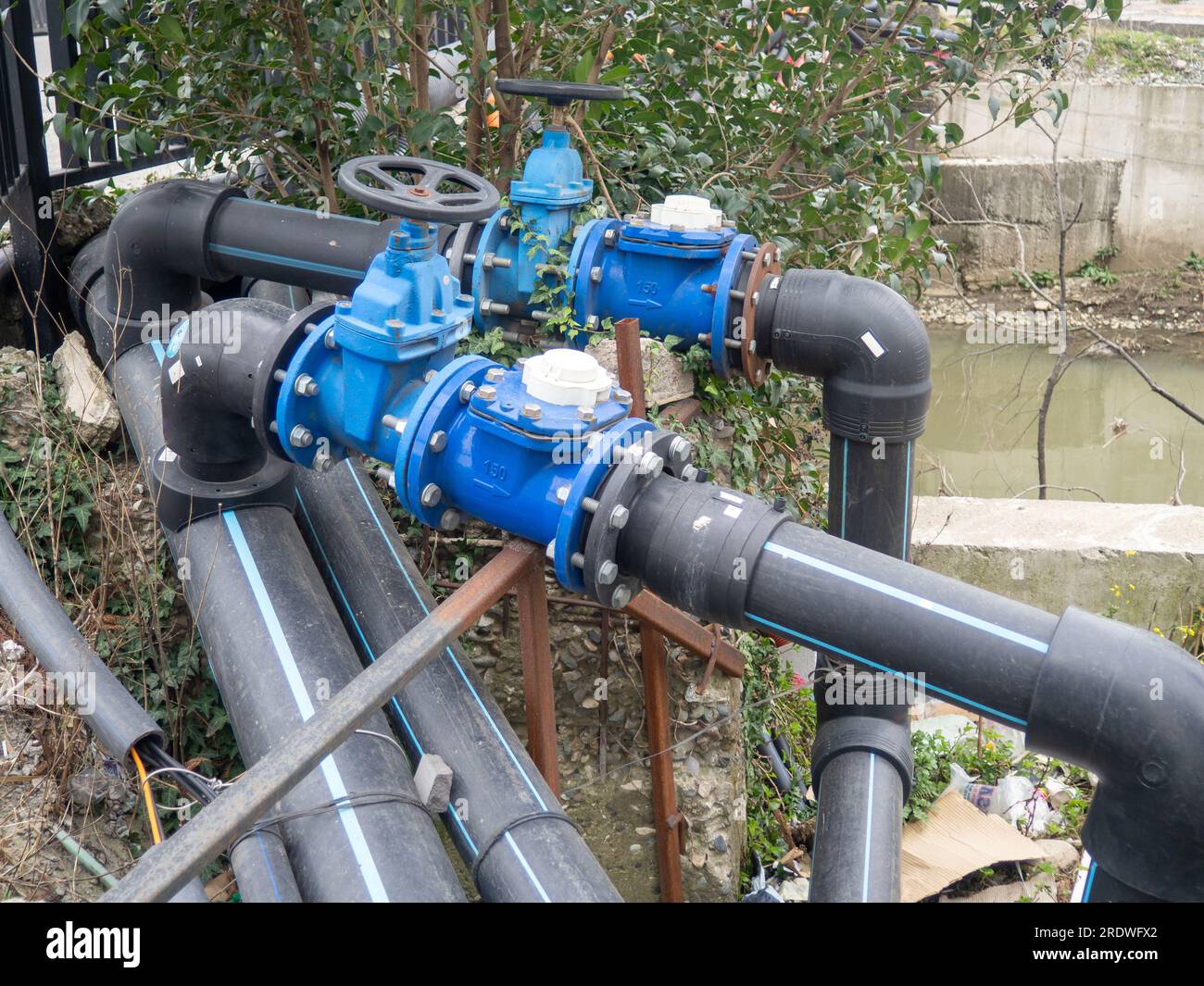 Gas pipes with valves on the street. Communications in the city. Gas ...