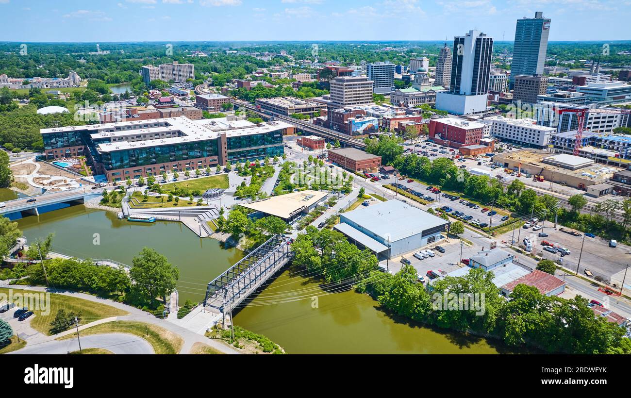 Aerial Fort Wayne city with Wells St. Bridge to The Landing in ...