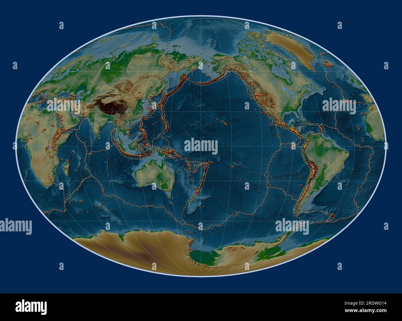 Distribution of known volcanoes on the world physical elevation map in ...