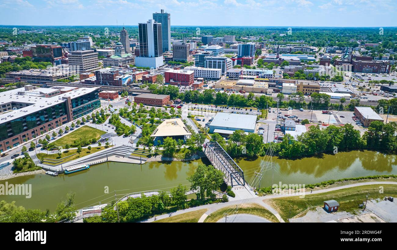Aerial wide view of Fort Wayne with Wells Street Bridge to Promenade ...
