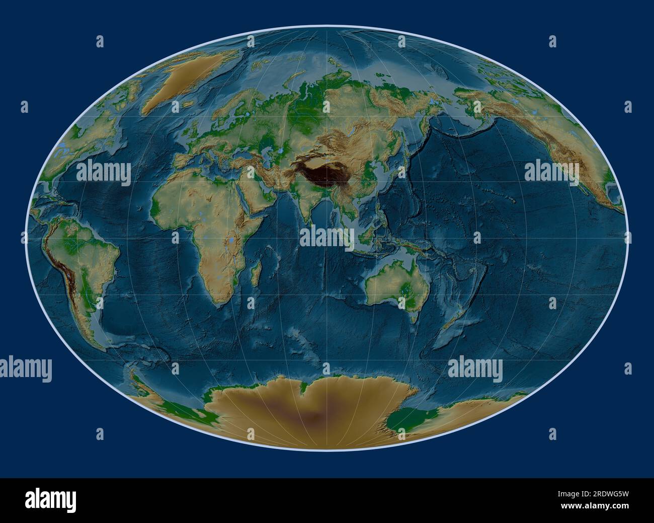 World physical elevation map in the Fahey projection centered on the ...