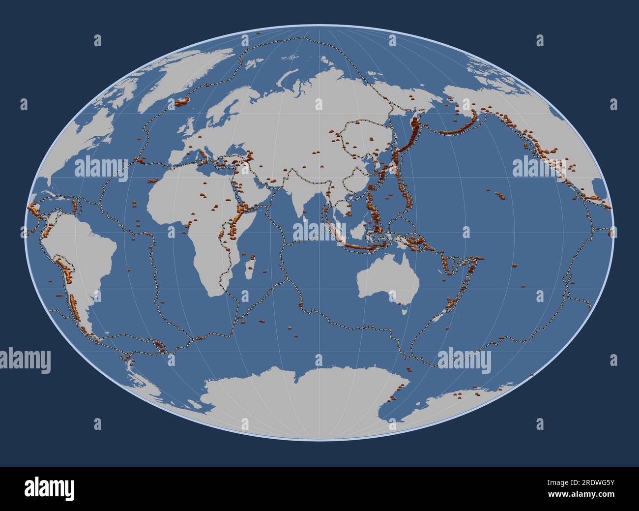 Distribution of known volcanoes on the world solid contour map in the ...