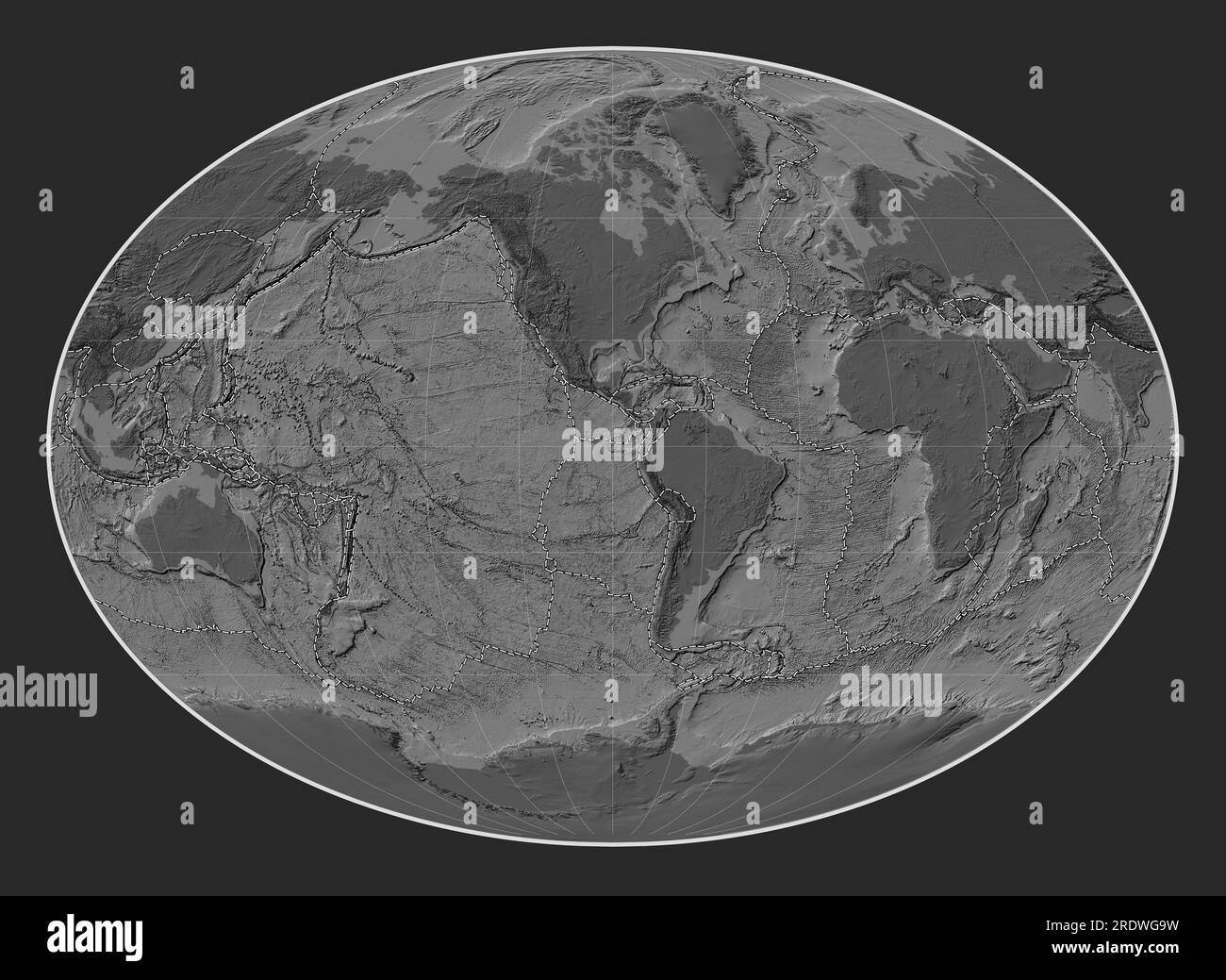 Tectonic Plate Boundaries On The World Bilevel Elevation Map In The Fahey Projection Centered On