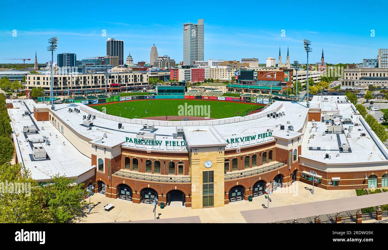 Panorama aerial Parkview Field downtown Fort Wayne baseball game blue ...