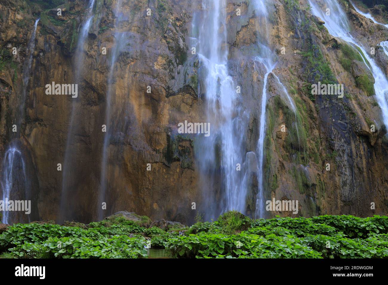 Plitvice Lakes park, Croatia, water of waterfall falls in spring or ...