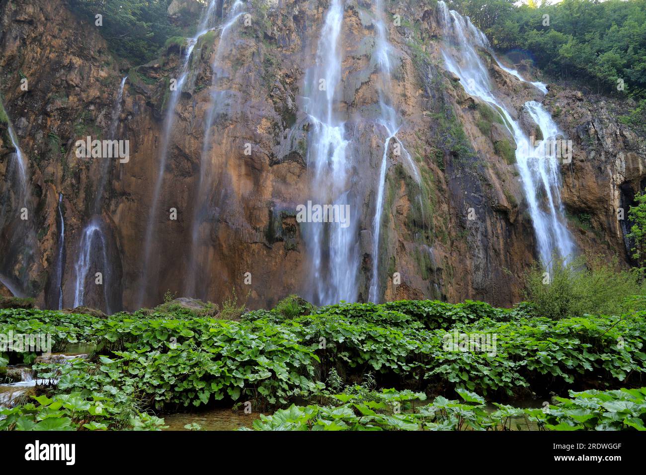 Plitvice Lakes park, Croatia, water of waterfall falls in spring or ...
