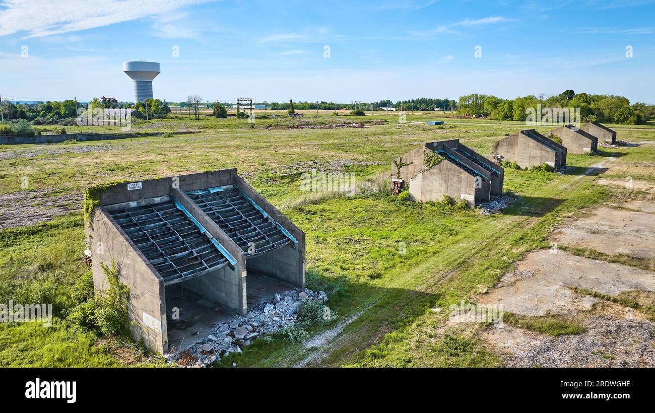 Abandoned garage small structures repeated in concrete covered in green ivy vines run down area ...