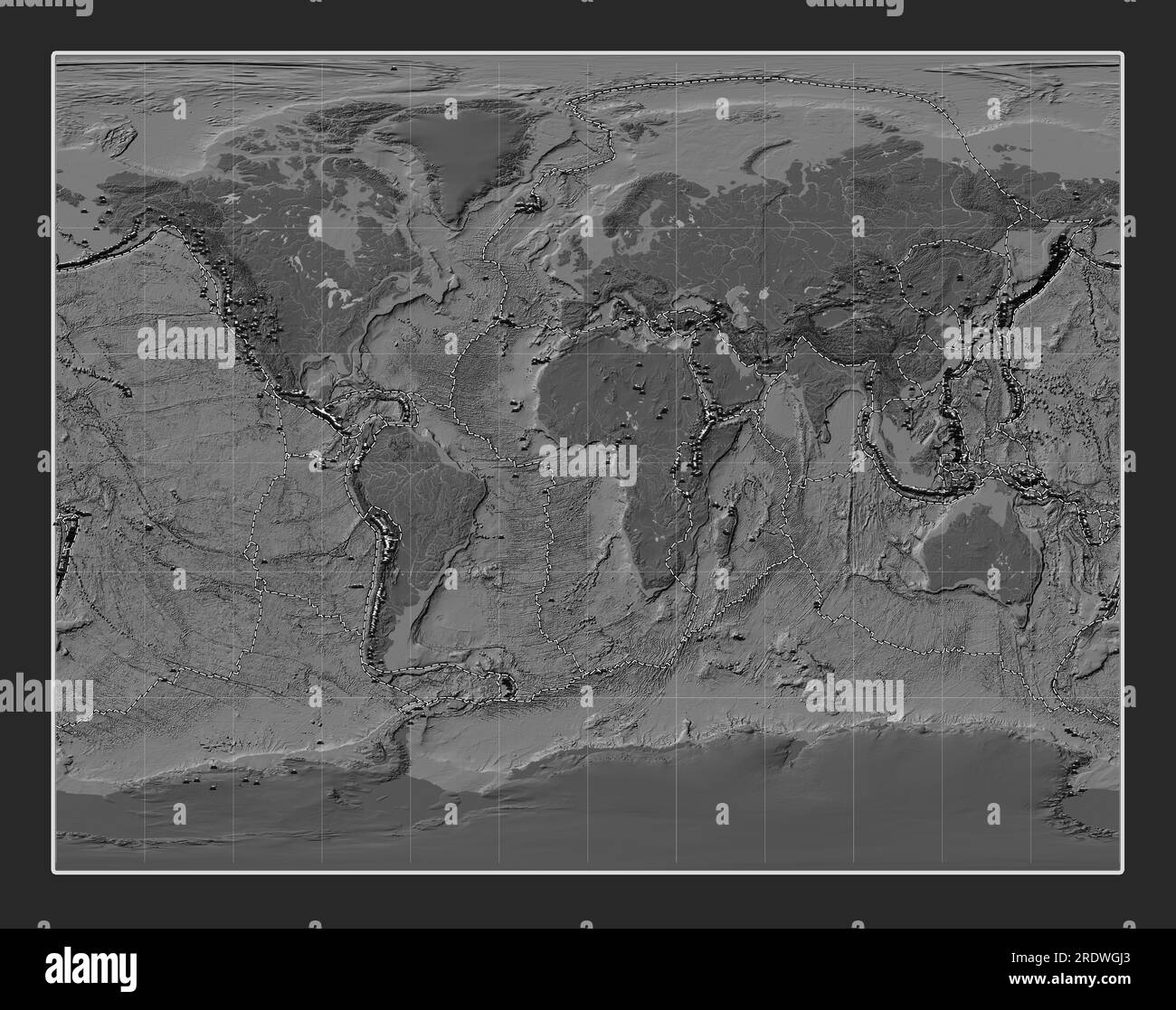Distribution of known volcanoes on the world bilevel elevation map in ...