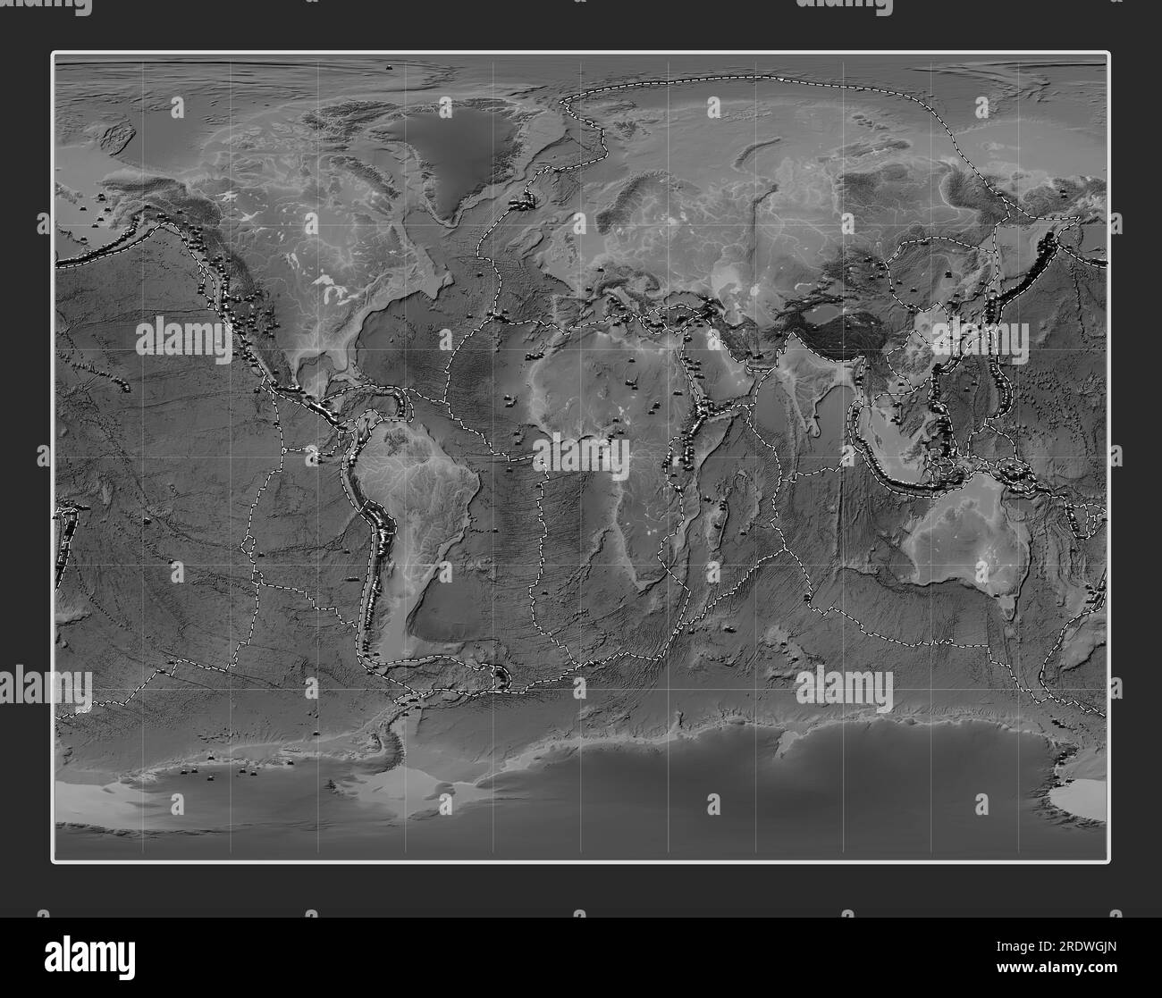 Distribution of known volcanoes on the world grayscale elevation map in ...