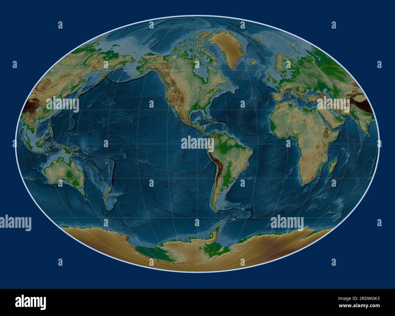 World physical elevation map in the Fahey projection centered on the ...