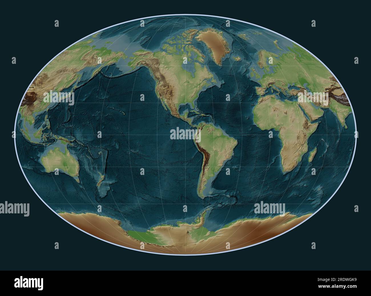 World wikipedia style elevation map in the Fahey projection centered on ...