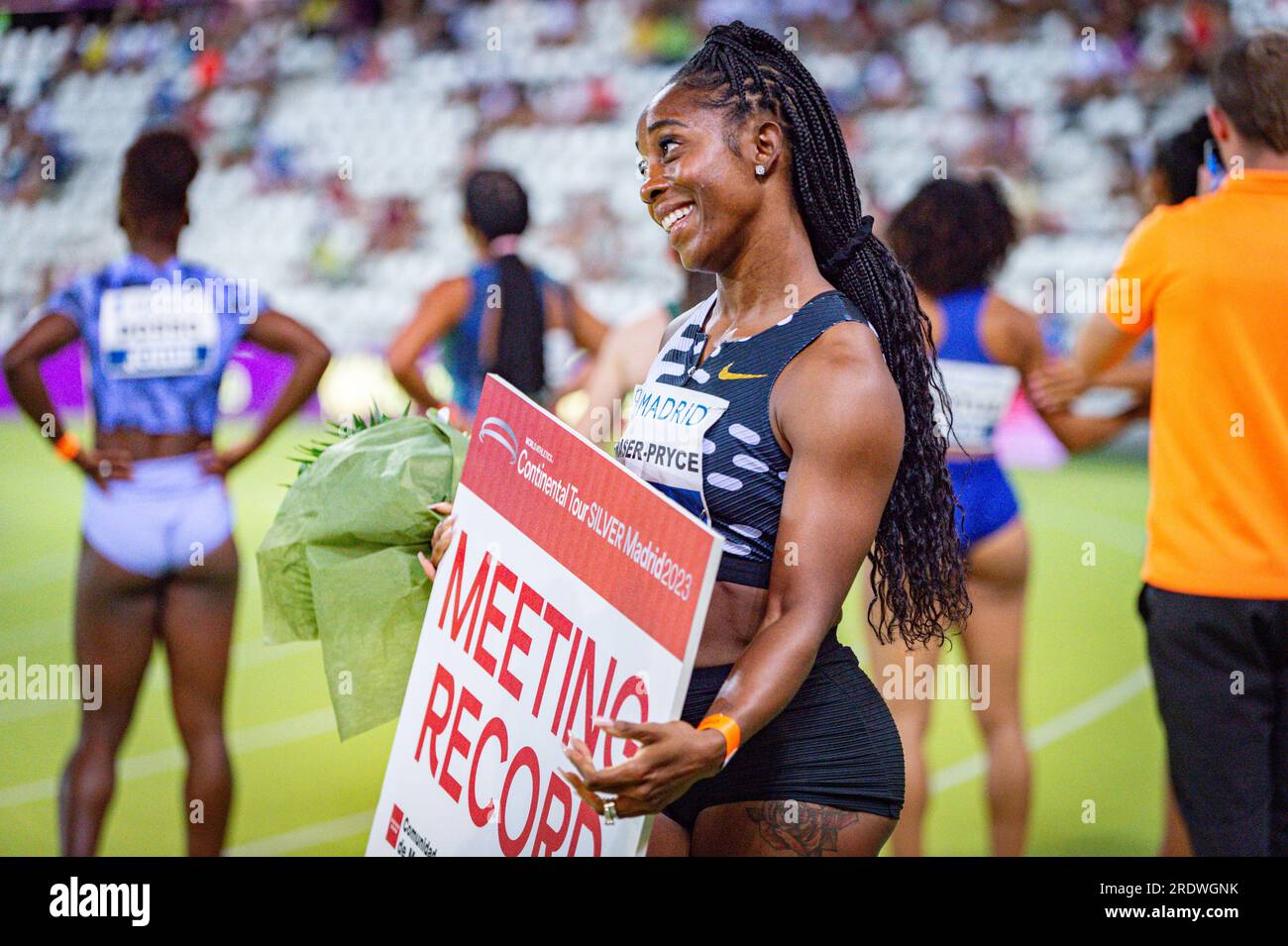 Shelly-Ann Fraser-Pryce celebrates after winning the women's 100 meters ...