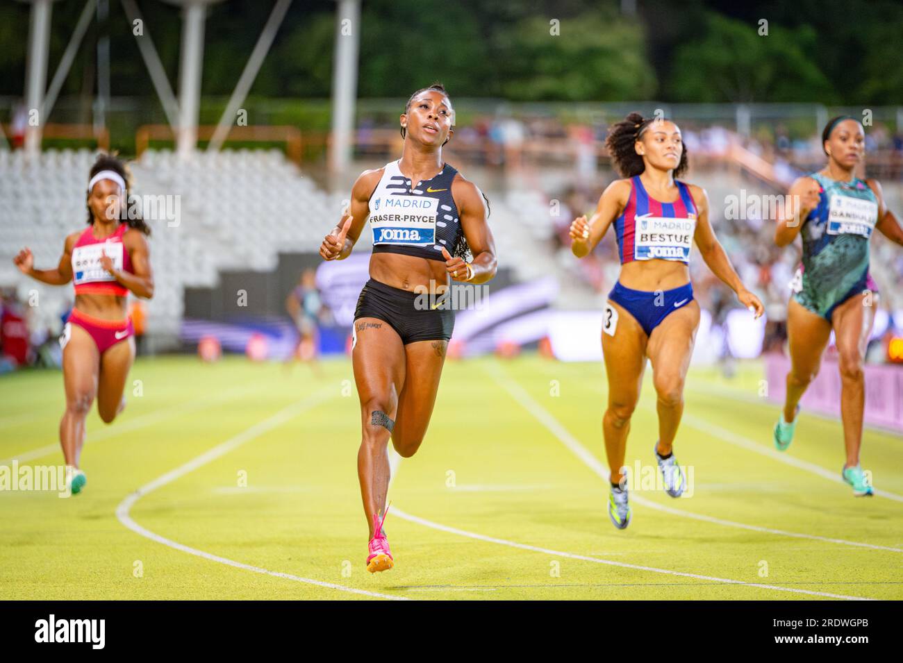 Shelly-Ann Fraser-Pryce (C) competes against Dezerea Bryant and Jael ...