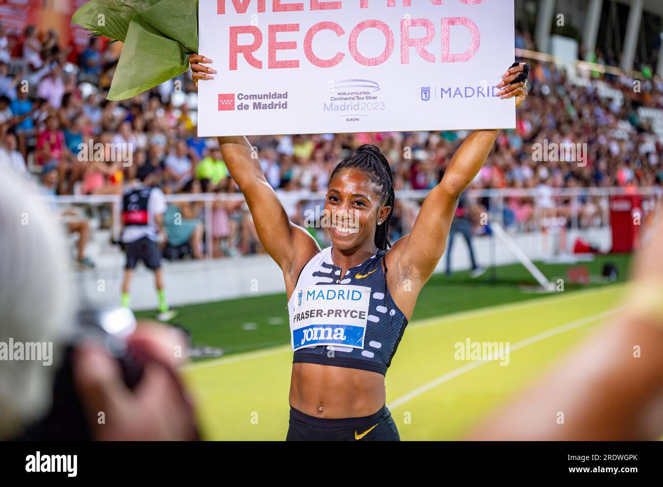 Shelly-Ann Fraser-Pryce celebrates after winning the women's 100 meters ...