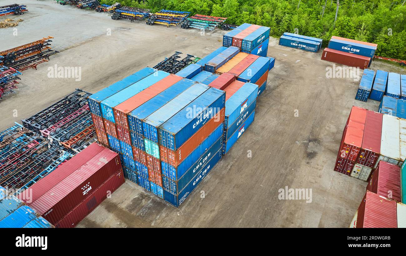 Container port, multiple pastel colored shipping containers aerial ...