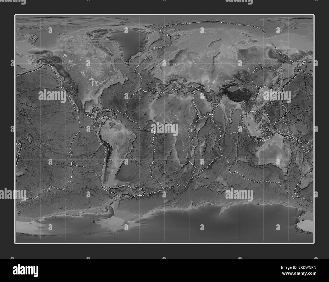 Tectonic plate boundaries on the world grayscale elevation map in the ...
