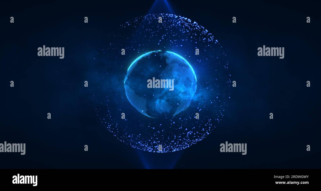 Abstract blue planet earth spinning with futuristic high-tech particles ...