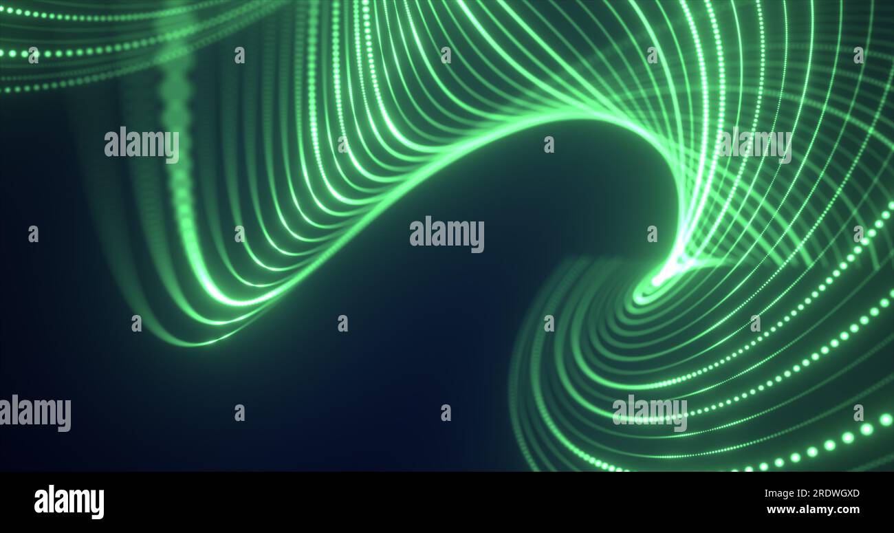 Abstract green waves from lines and dots particles of glowing swirling futuristic hi-tech with ...