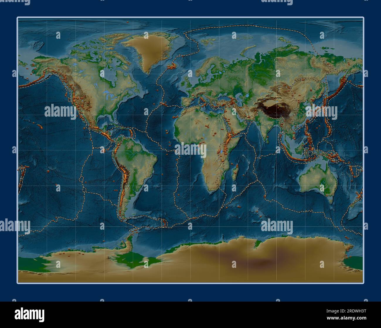 Distribution of known volcanoes on the world physical elevation map in ...