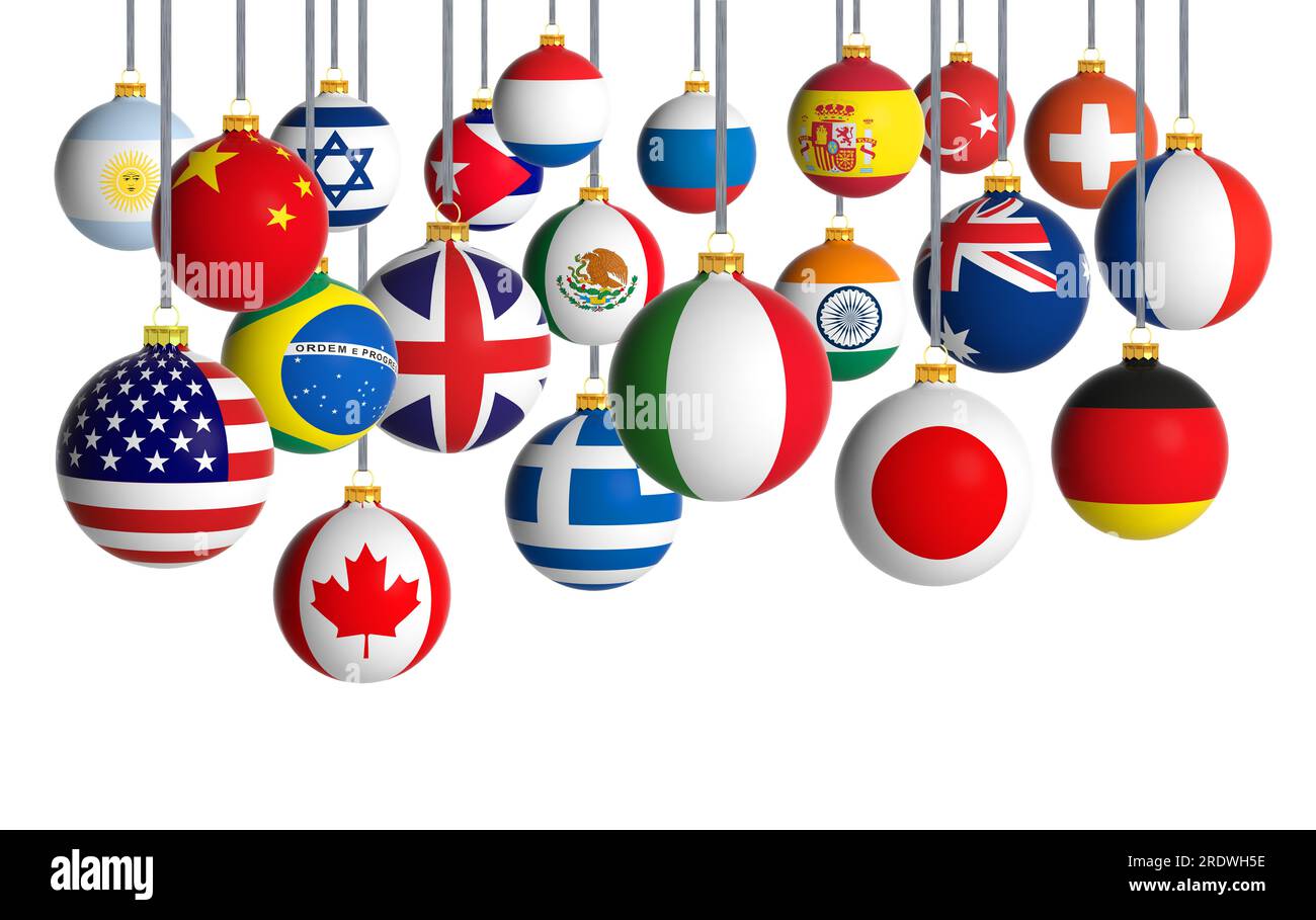 Xmas celebration in the world. National flags Christmas balls isolated ...