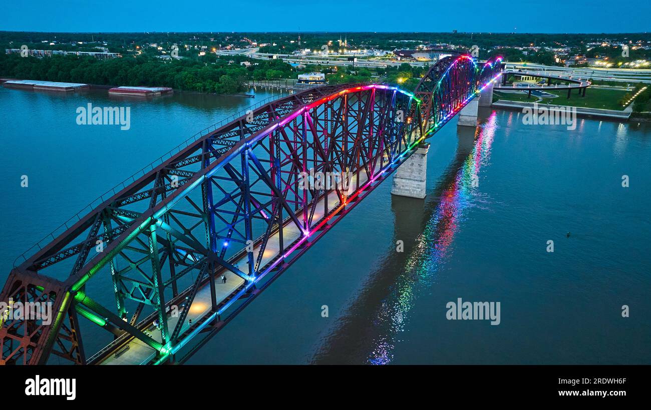 Aerial pride rainbow arch bridge Louisville KY over nighttime Ohio ...