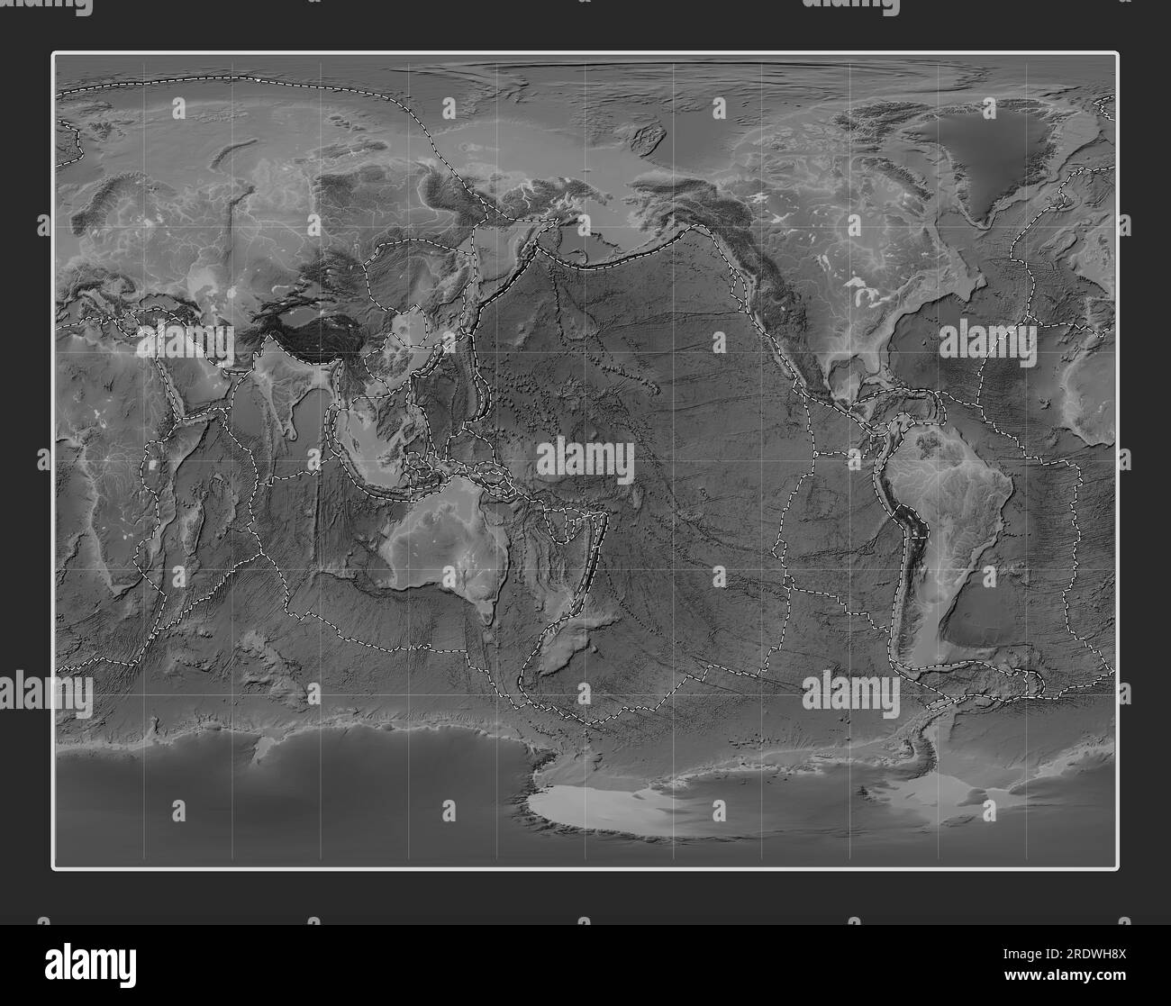 Tectonic Plate Boundaries On The World Grayscale Elevation Map In The Gall Stereographic
