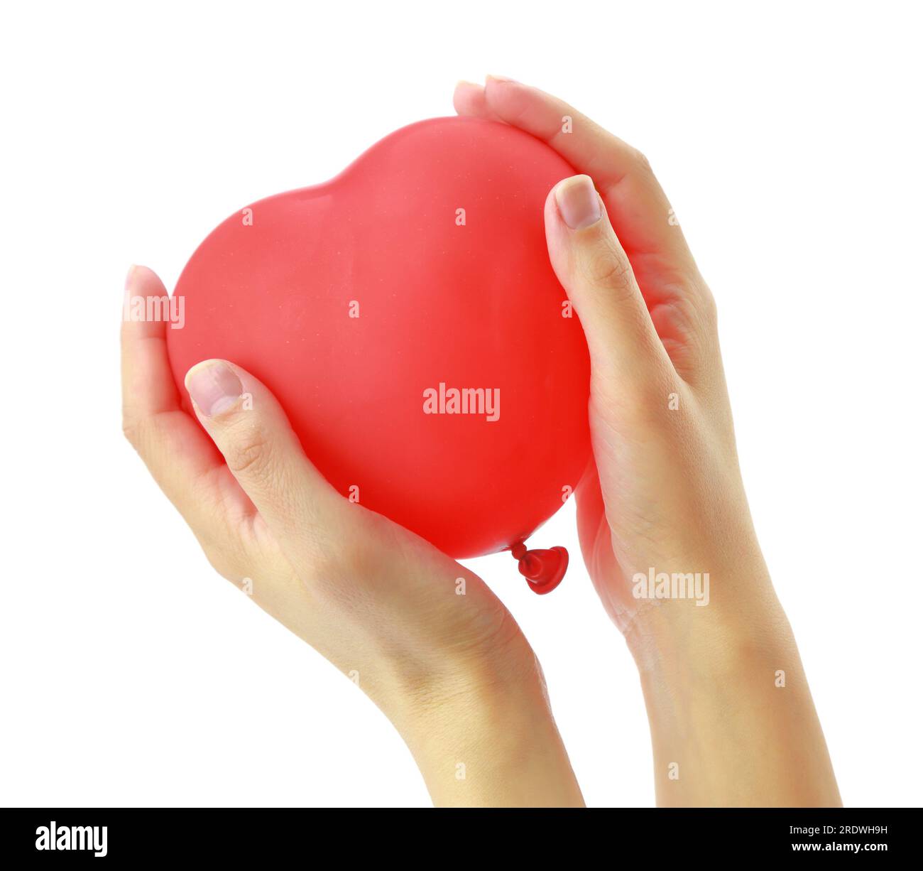Red heart shape balloon in female hands isolated on white background ...
