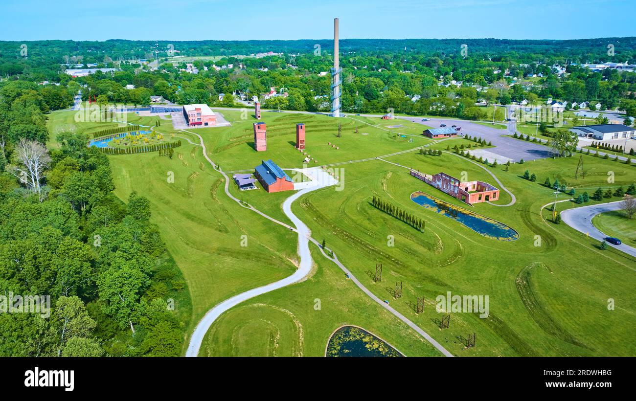 Aerial Ariel Foundation Park wide shot of destroyed factory buildings ...