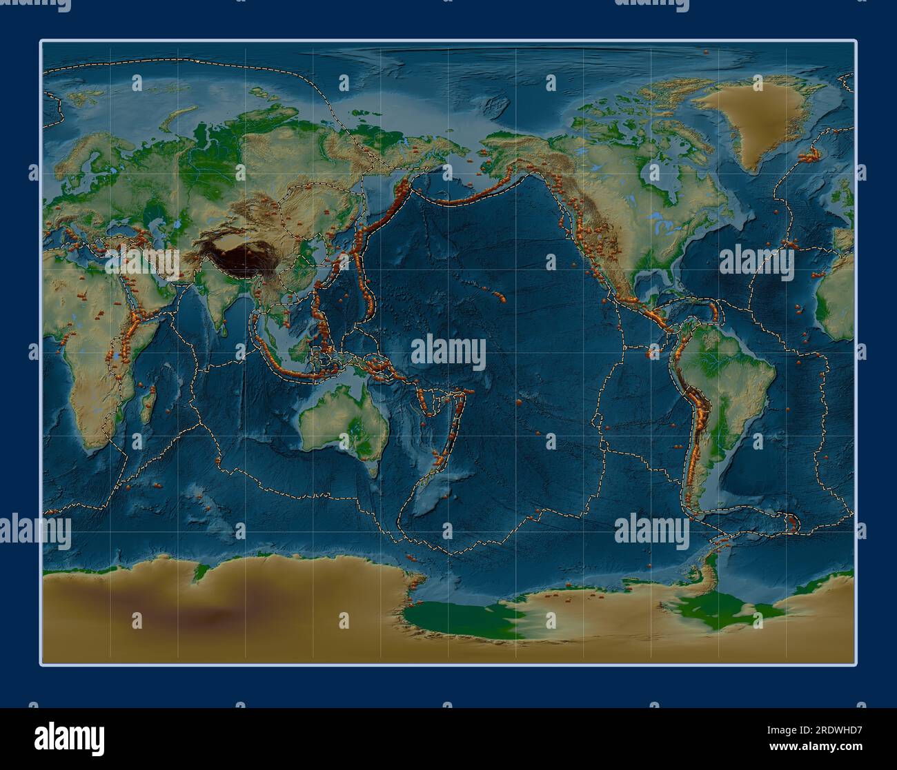 Distribution of known volcanoes on the world physical elevation map in ...