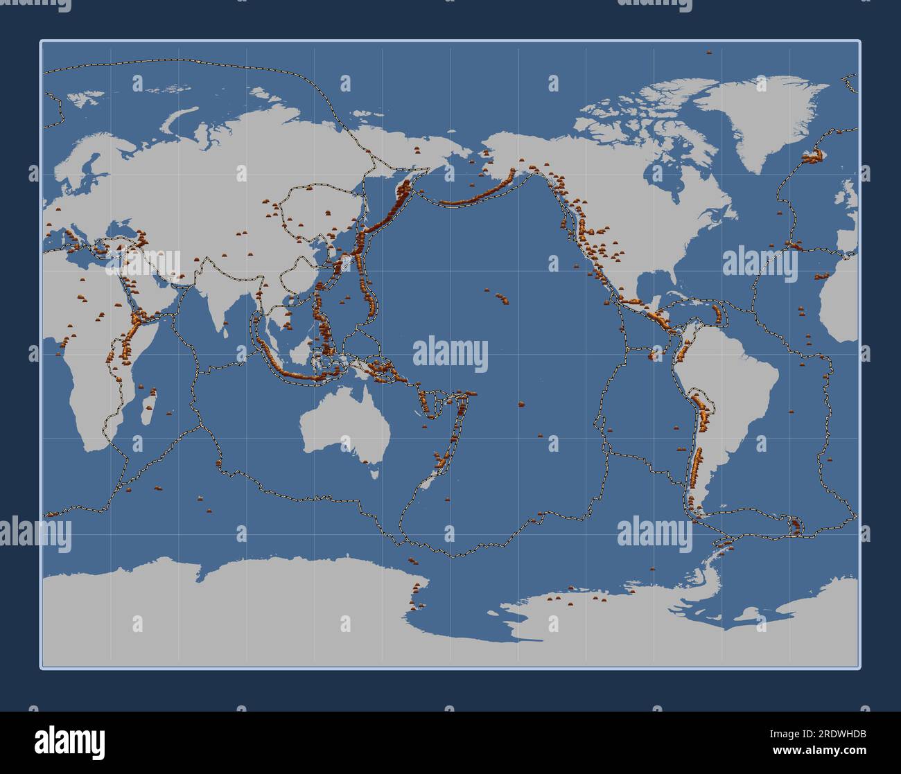 Distribution of known volcanoes on the world solid contour map in the ...