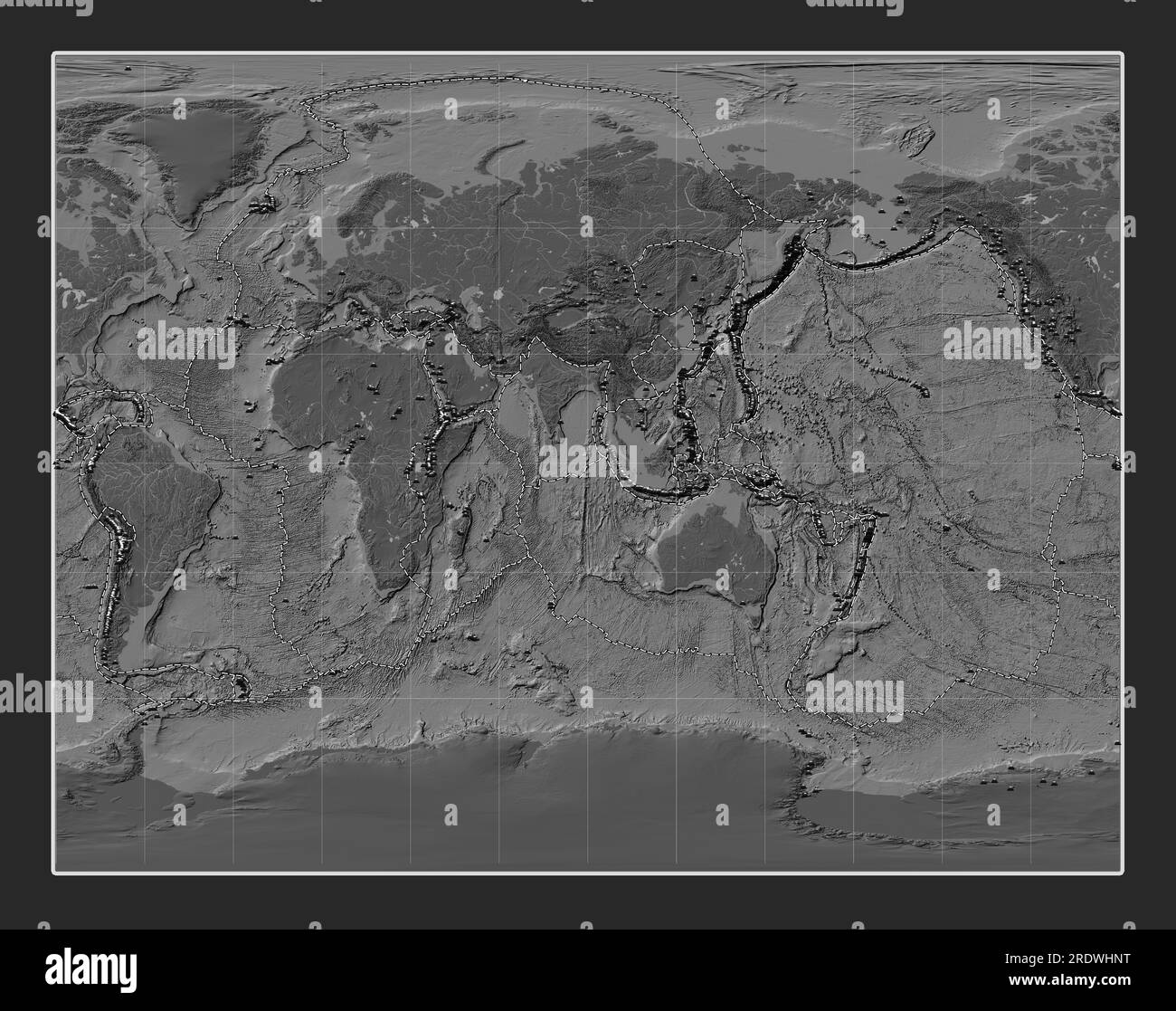 Distribution of known volcanoes on the world bilevel elevation map in ...