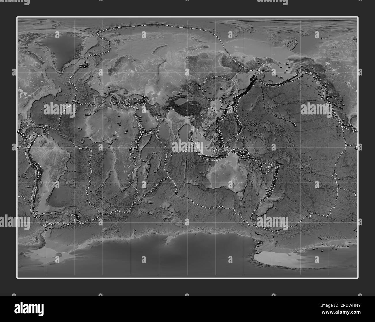 Distribution of known volcanoes on the world grayscale elevation map in ...