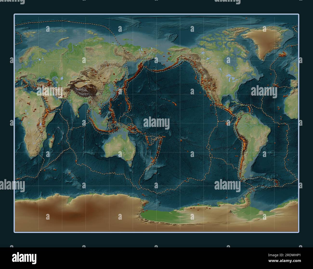 Distribution of known volcanoes on the world wikipedia style elevation ...