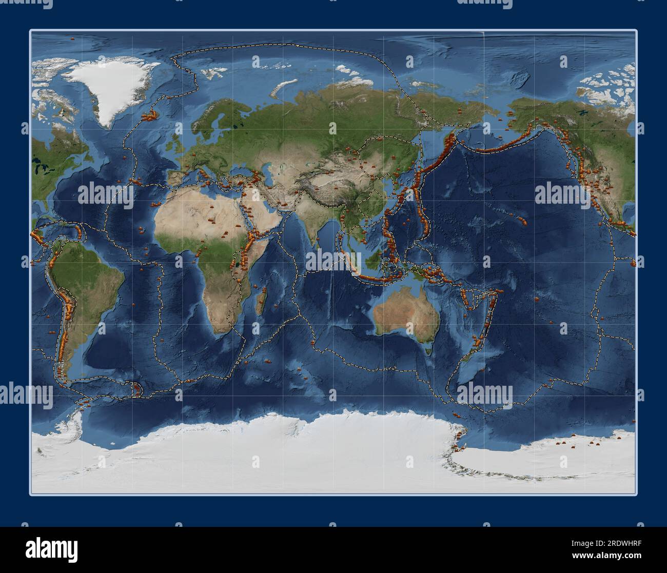 Distribution of known volcanoes on the world blue Marble satellite map ...