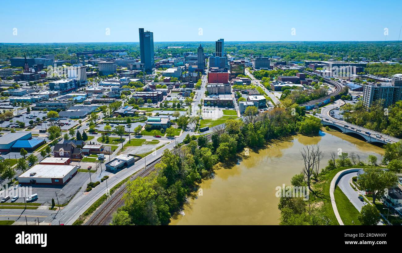 Summer downtown Fort Wayne with train tracks, three rivers, and distant ...