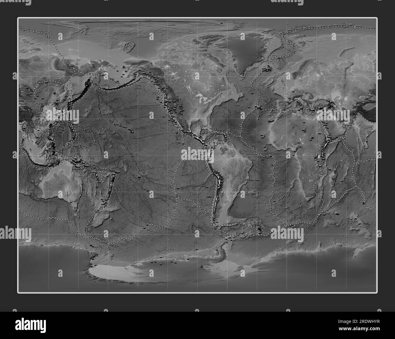 Distribution of known volcanoes on the world grayscale elevation map in ...