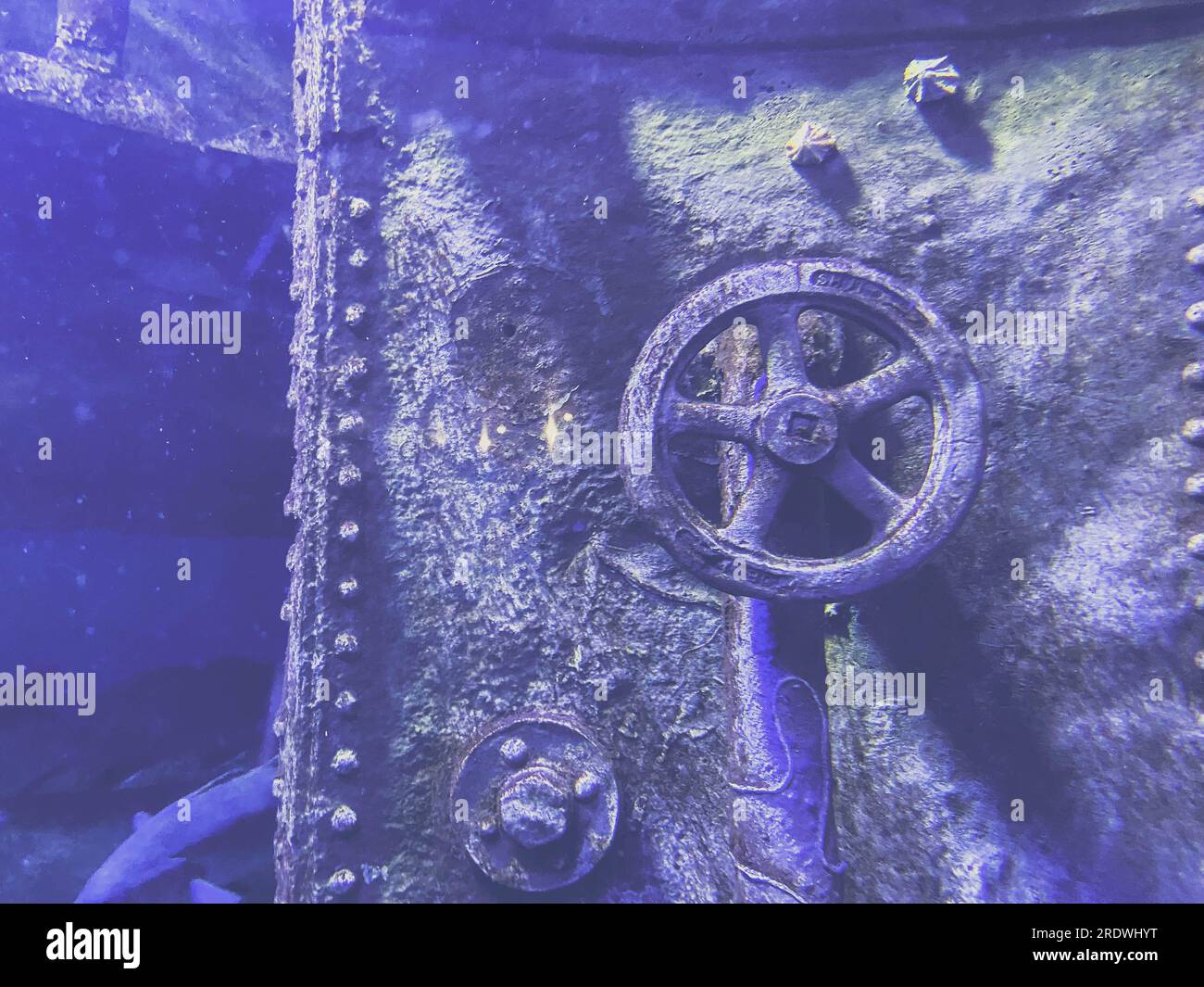 sunken submarine. the faucet and lid were covered with rust and moss ...