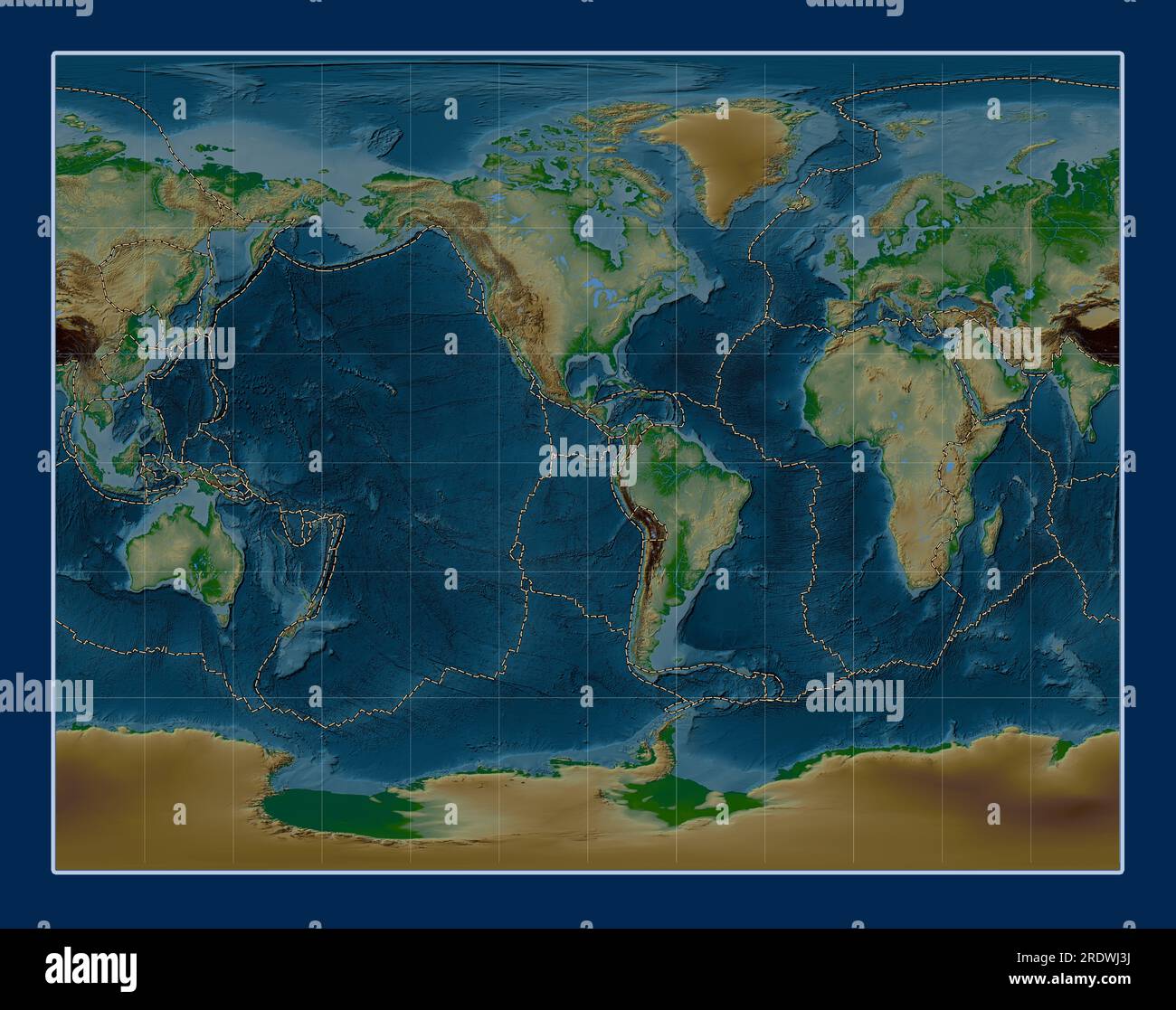 Tectonic plate boundaries on the world physical elevation map in the ...